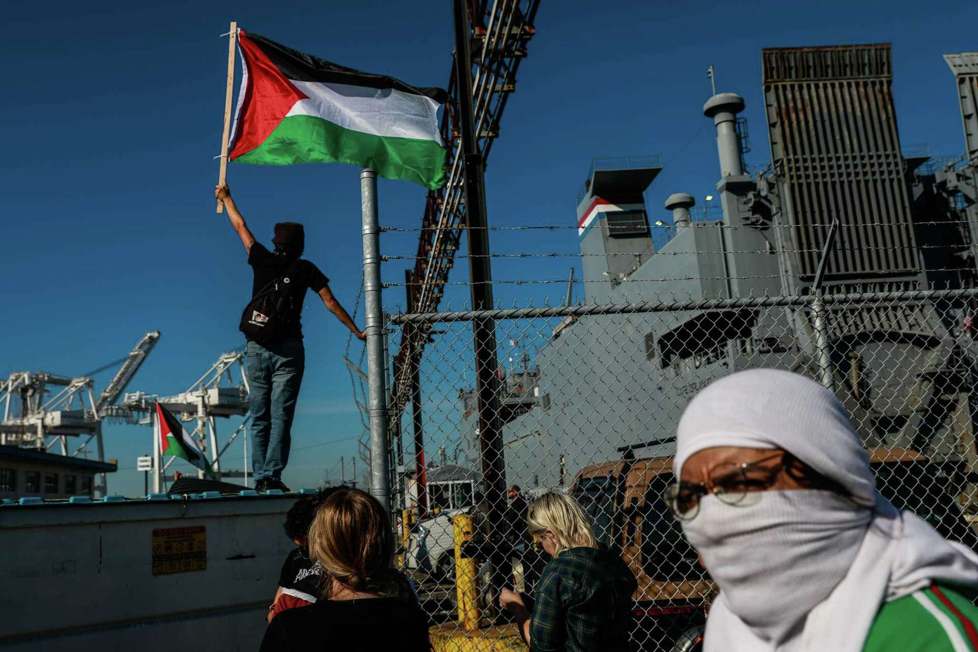 Pro-Palestinian protesters storm U.S. military ship at Port of Oakland