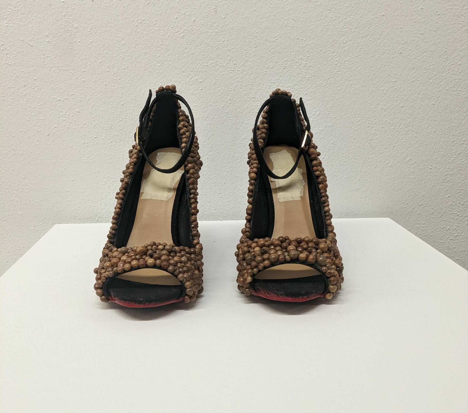 Plant gall-covered shoes on display at Rice University in Houston