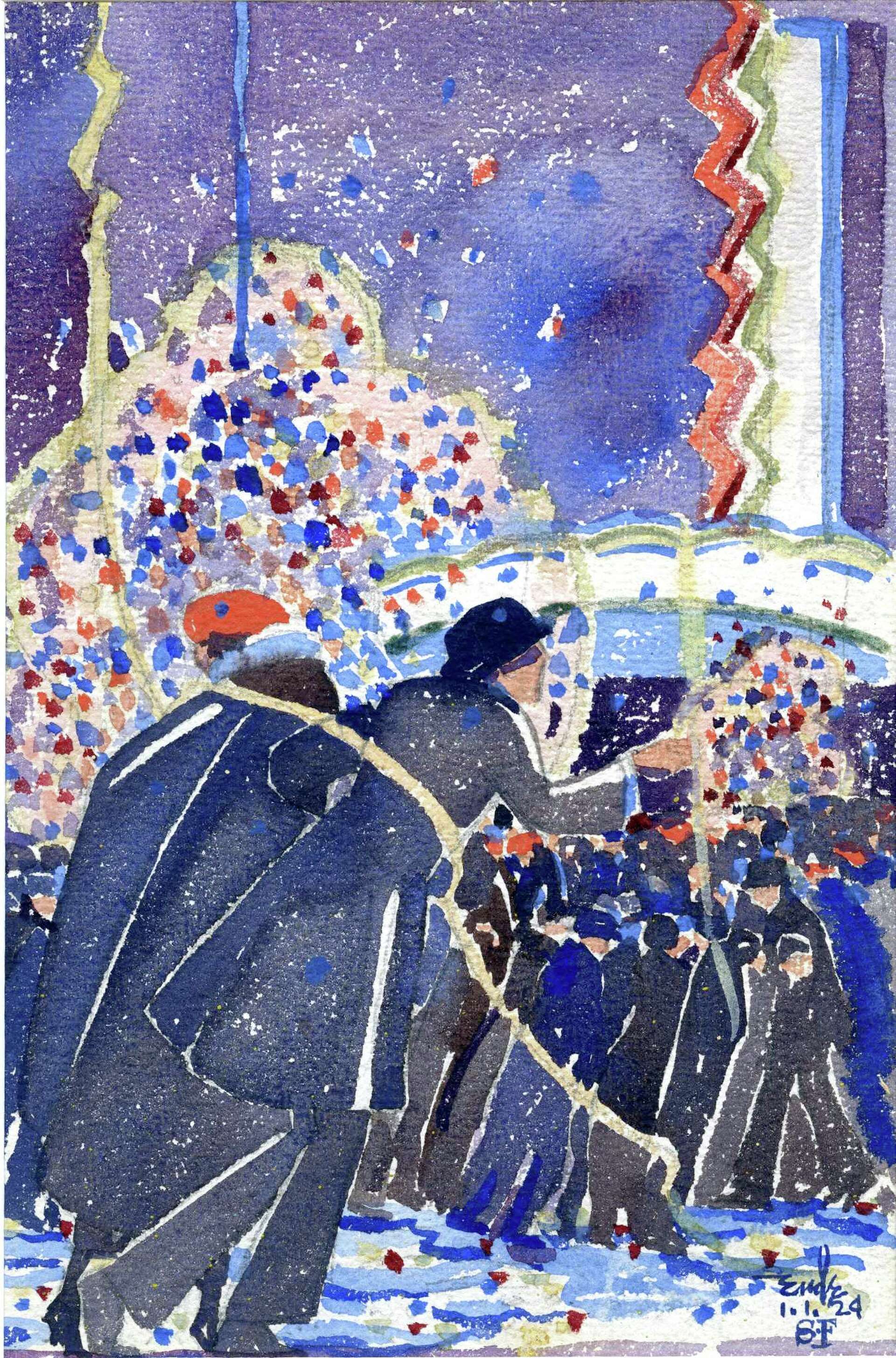 Admiring a century-old painting of San Francisco on New Year’s Eve