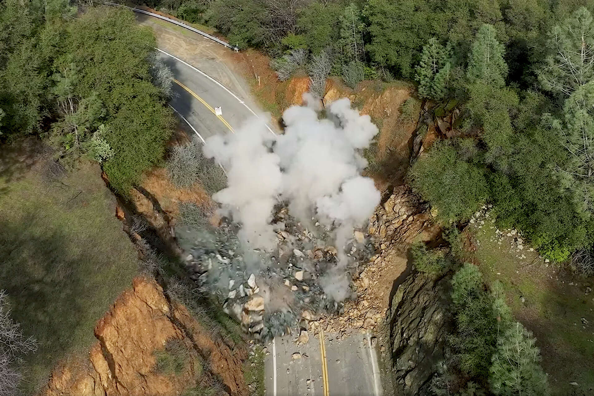 Video shows spectacular explosion that cleared California rockslide