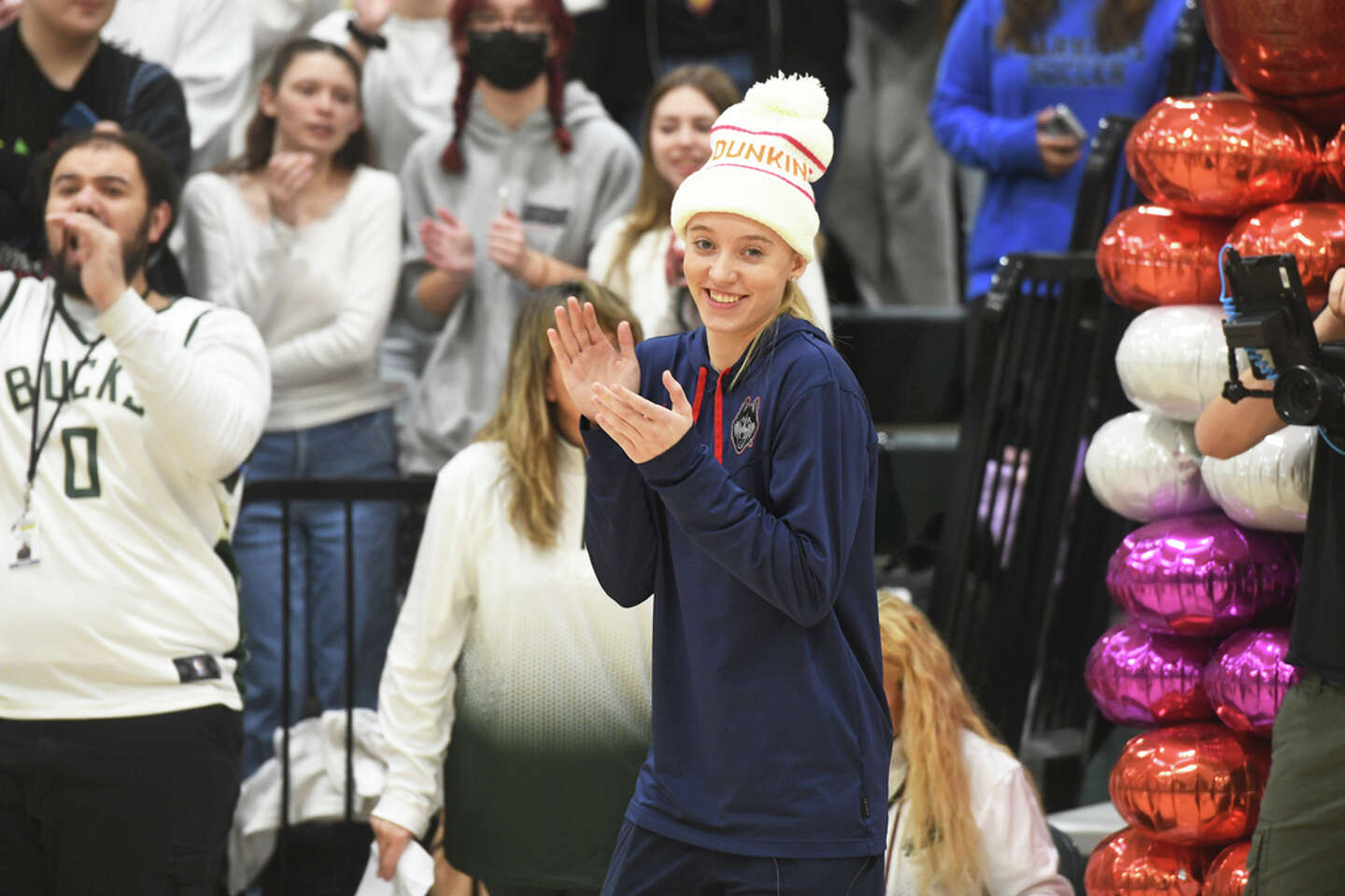 UConn women's basketball star Paige Bueckers at high school pep rally
