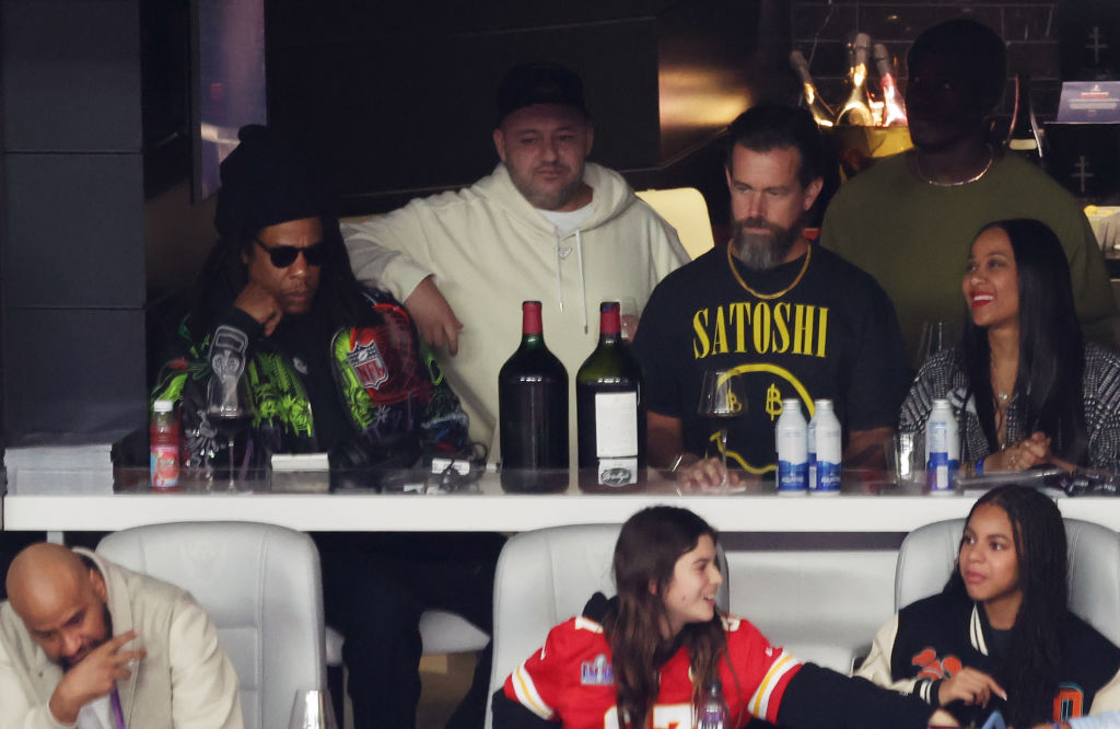 Jack Dorsey, outfit repeater, seen in Super Bowl suite with Beyonce