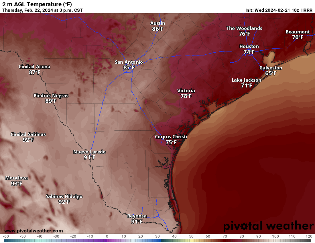 Near 90 degrees in South Texas Thursday; cold front comes Friday