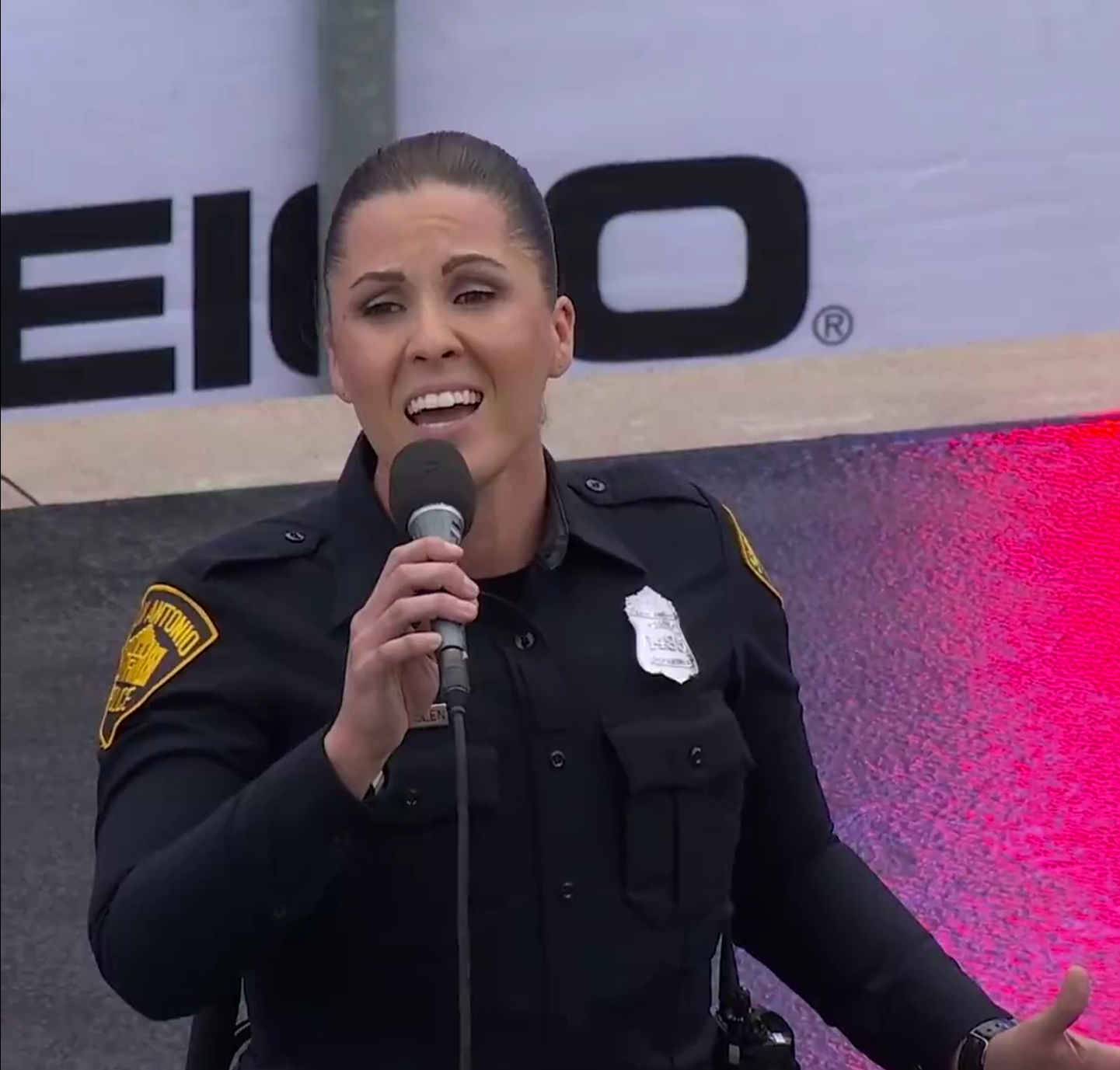 SAPD officer sings national anthem at NASCAR race, goes viral