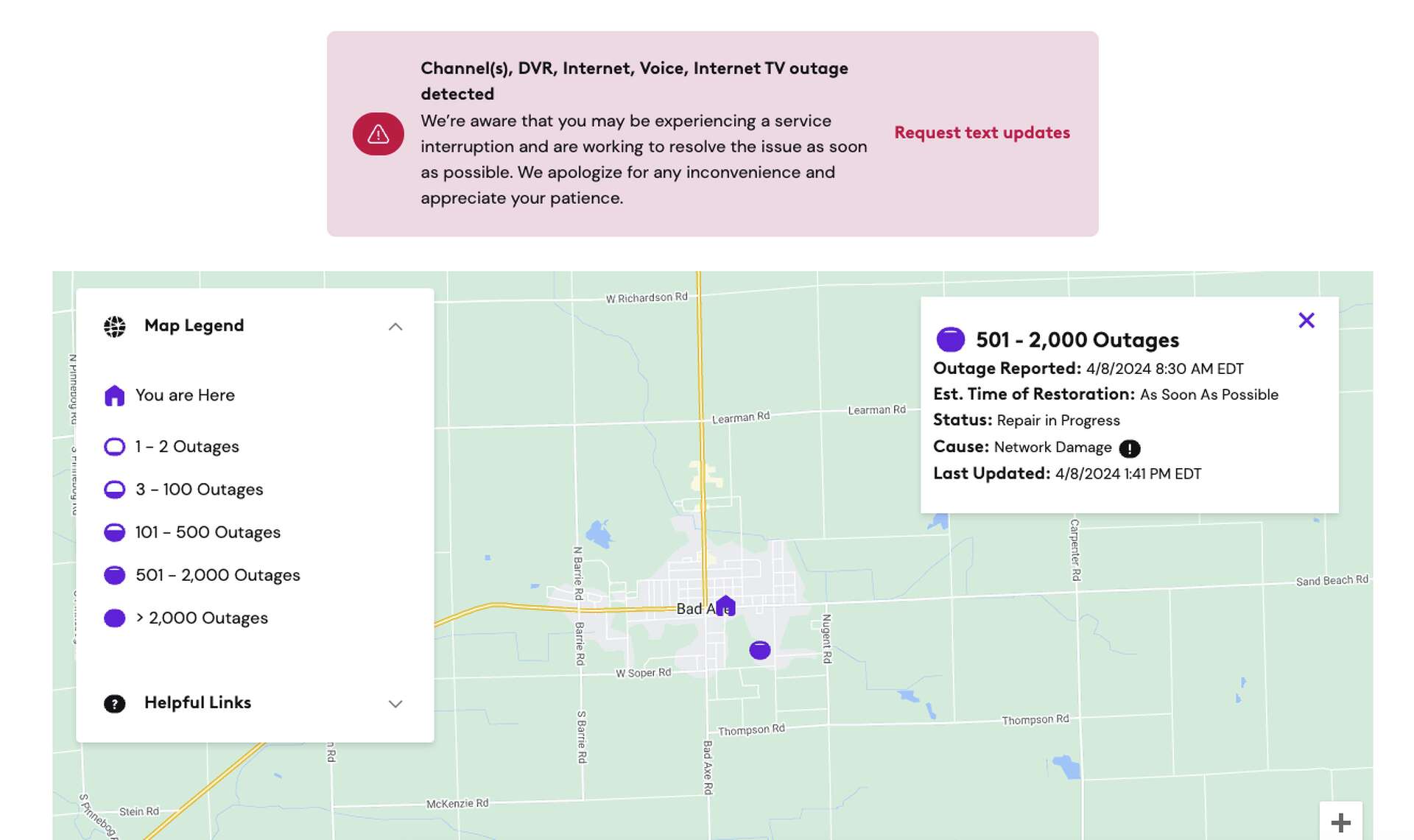 Xfinity outage in Huron County, line was hit by tree work.