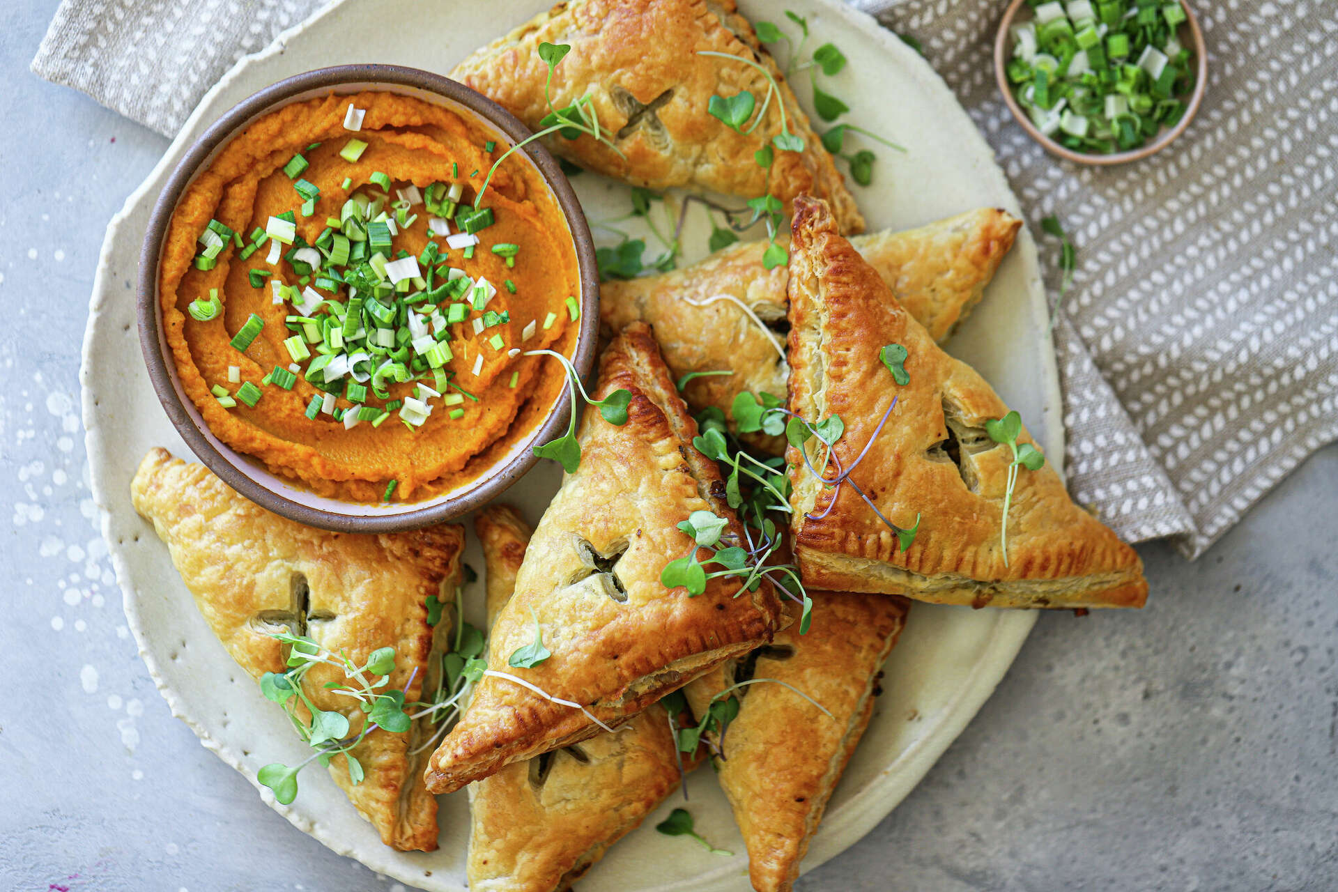 Recipe: Green Pea & Green Garlic Masala Puffs with Carrot Chutney
