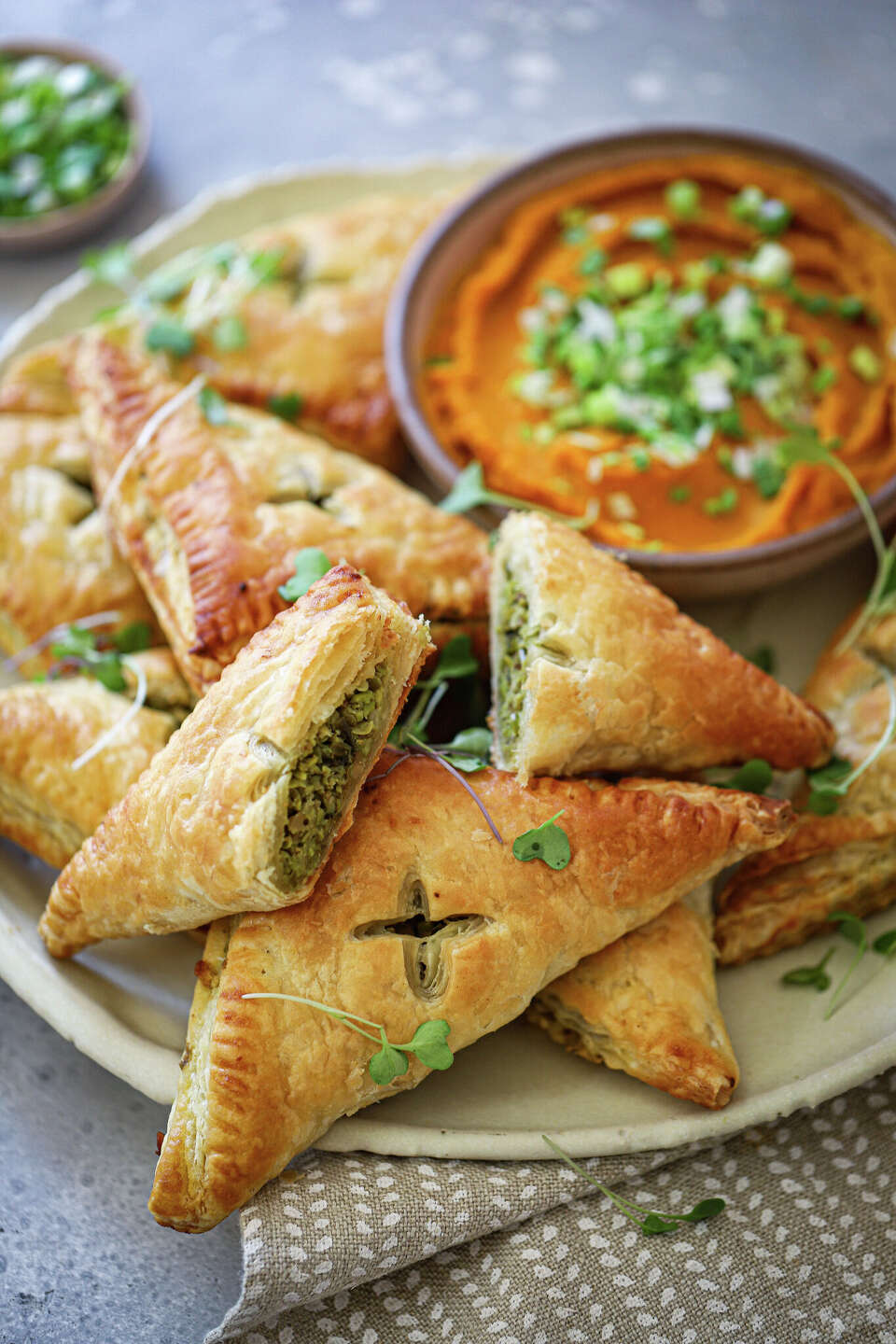 Recipe: Green Pea & Green Garlic Masala Puffs with Carrot Chutney