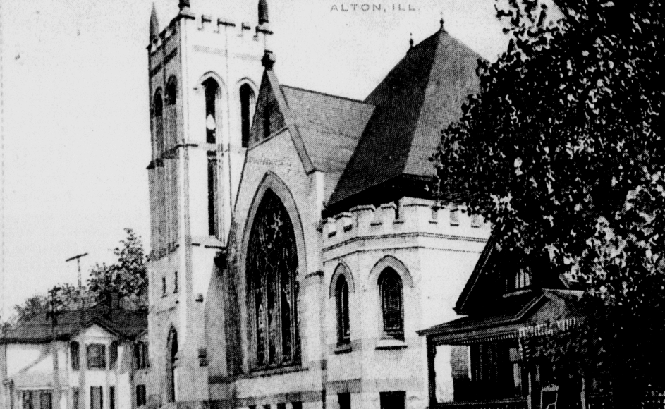 The first church building was erected at the corner of Fourth and Bell
