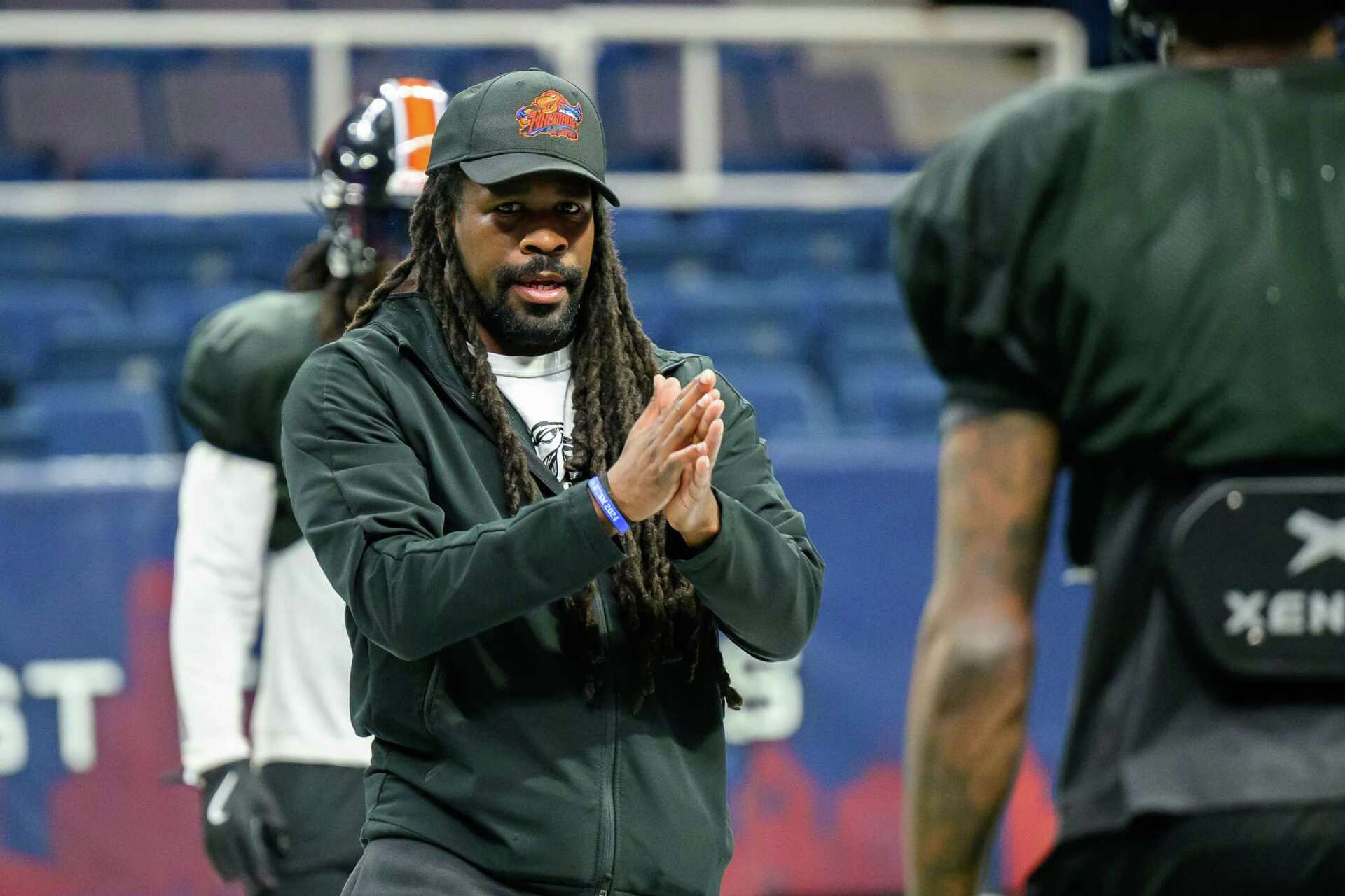 Albany Firebirds defense led by Dwayne Hollis, Brandon Sesay