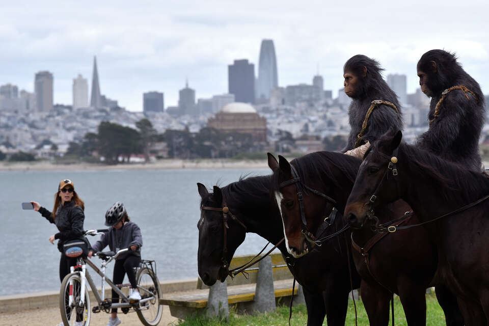 Costumed apes seen on horseback ride through San Francisco