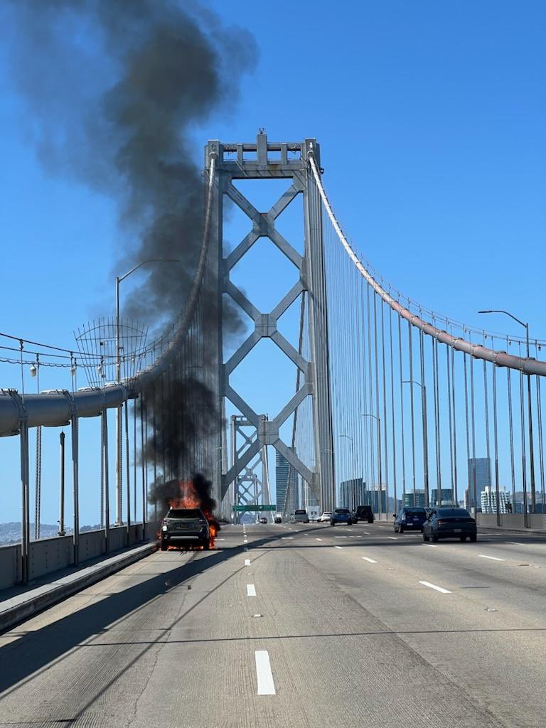 ‘Fully engulfed’ car fire on Bay Bridge to delay traffic into S.F.