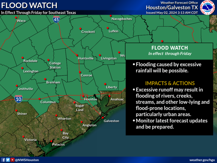 Houston under flood watch until Friday; flood warning for suburbs