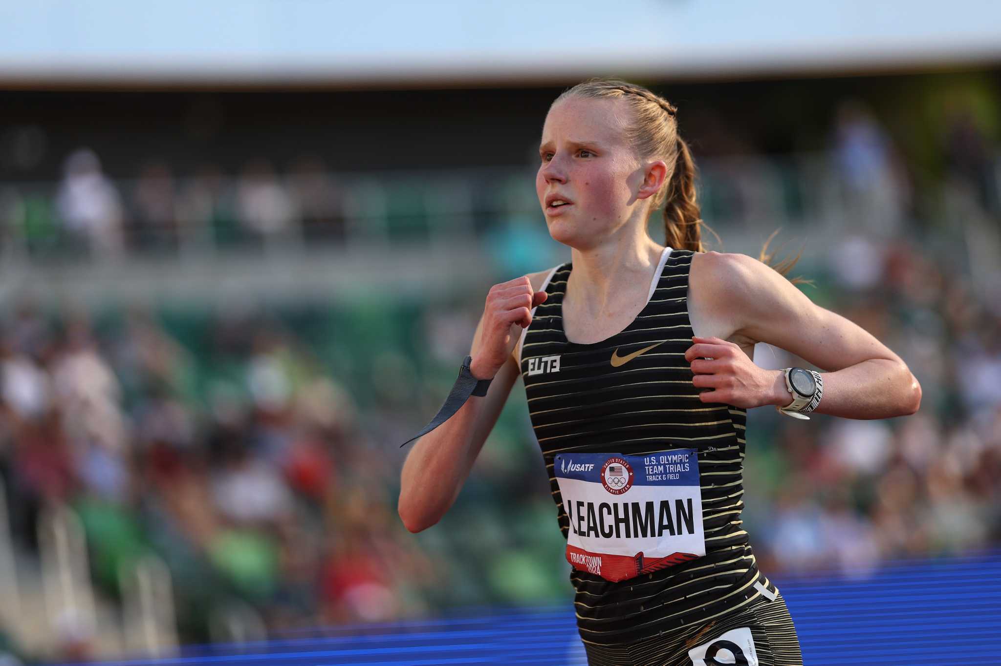 Champion's Elizabeth Leachman runs at the Olympic Trials