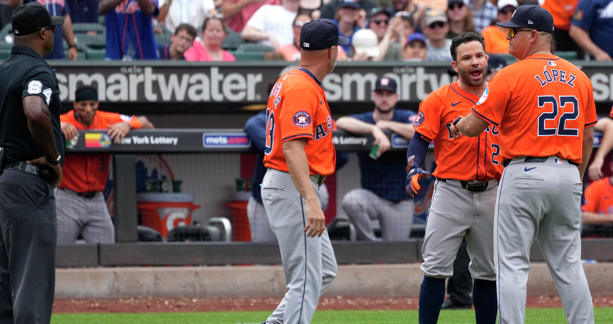 Houston Astros' Jose Altuve reacts to his second MLB ejection