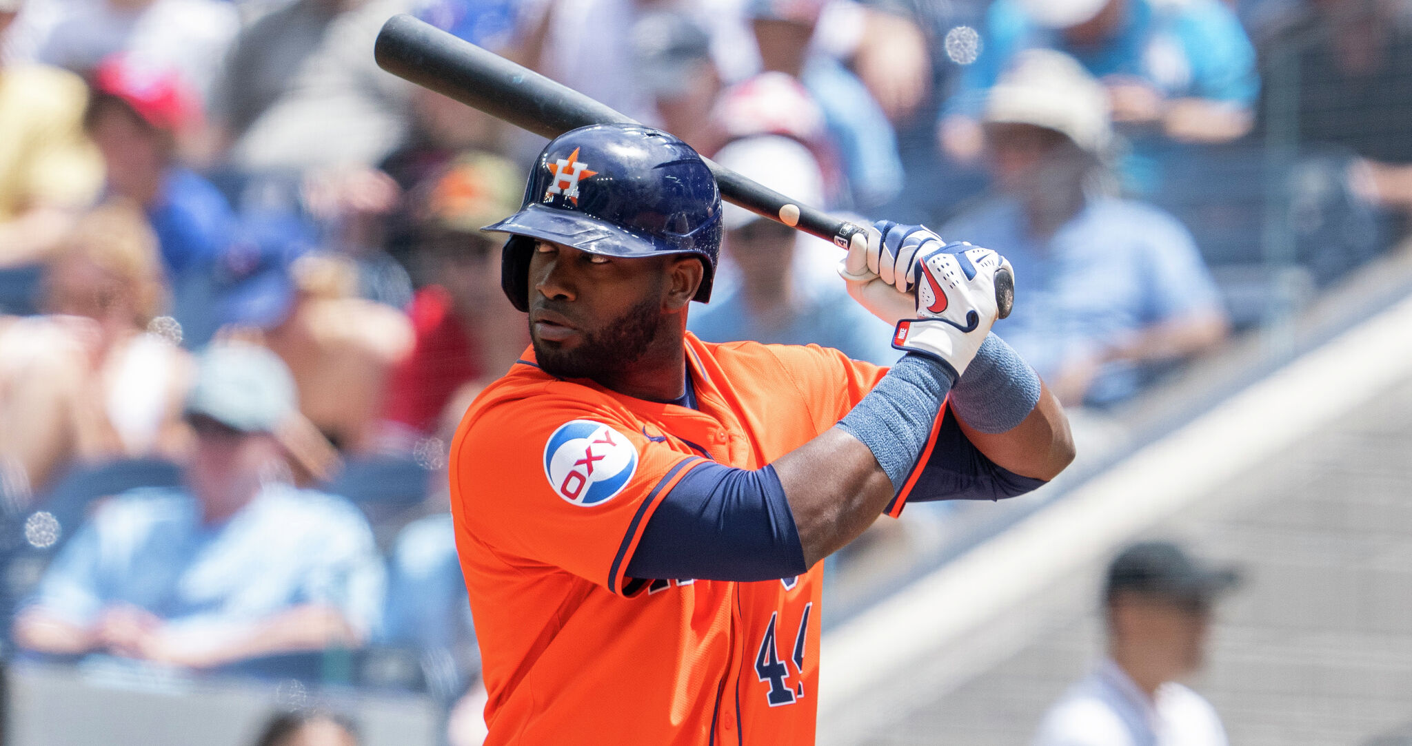 Houston Astros' Yordan Alvarez hit in the knee by a pitch