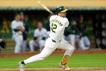 Max Schuemann swinging a hot bat as he adapts to A’s infield needs