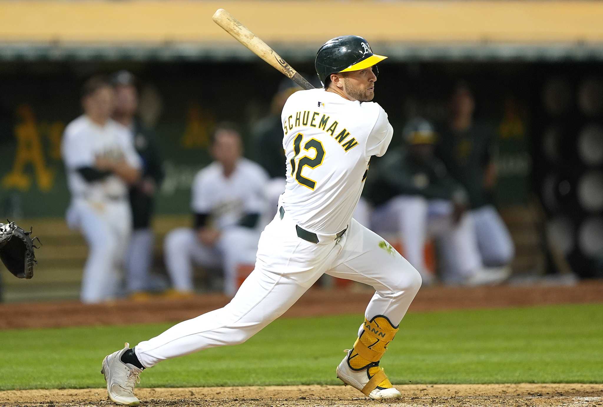 Max Schuemann swinging a hot bat as he adapts to A’s infield needs