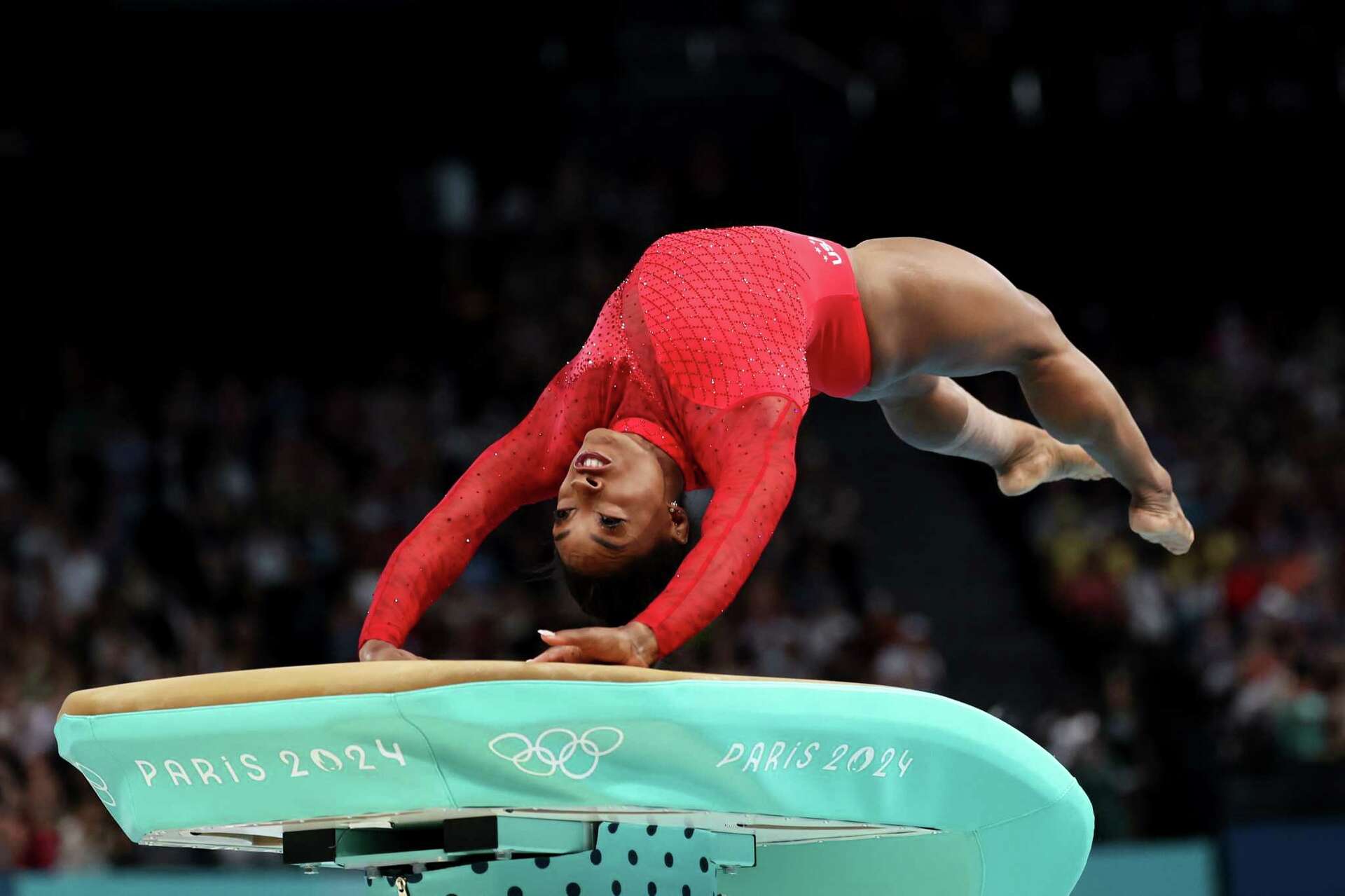 Simone Biles performs her signature vault to win third gold in Paris