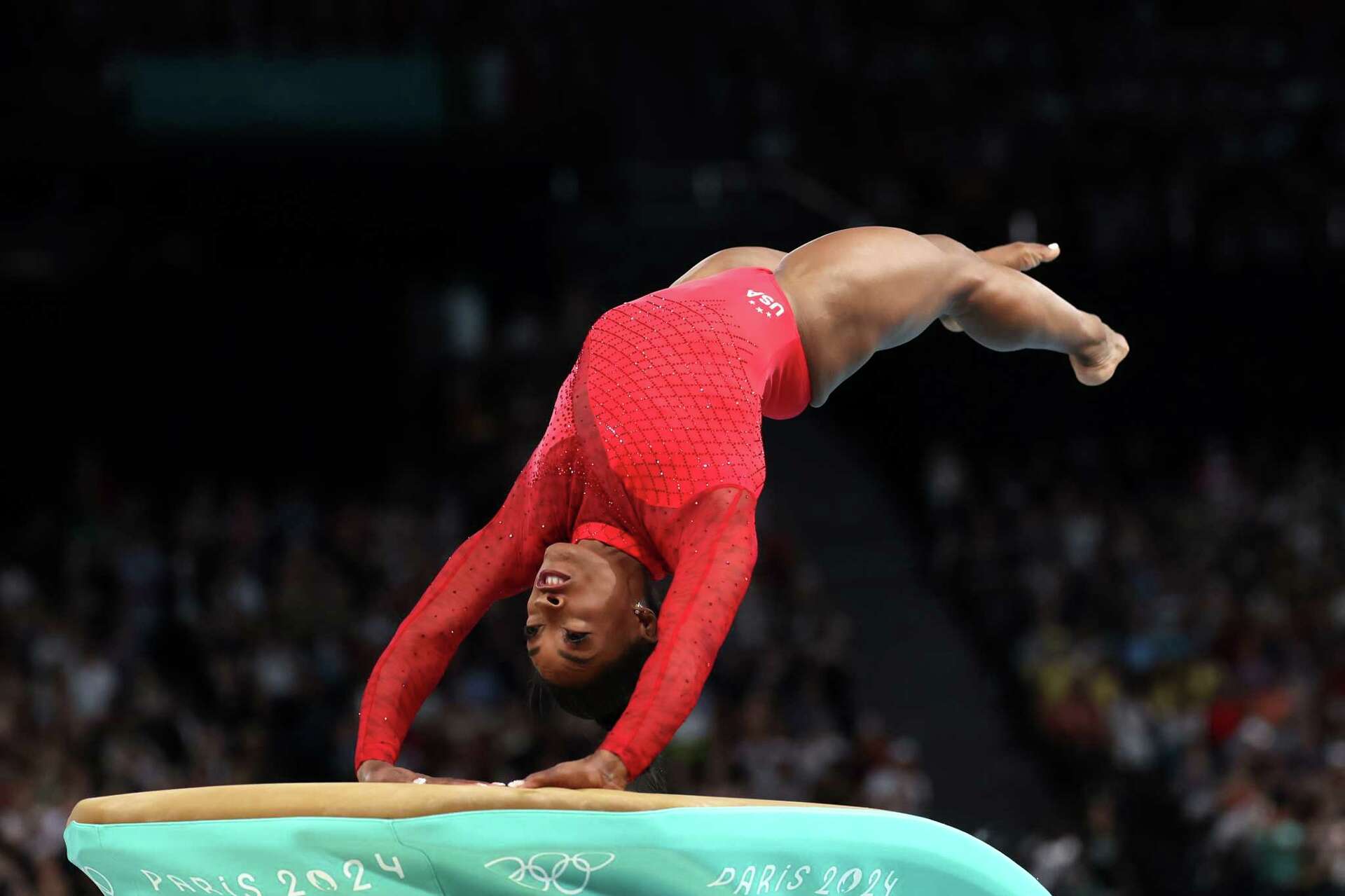 Simone Biles performs her signature vault to win third gold in Paris