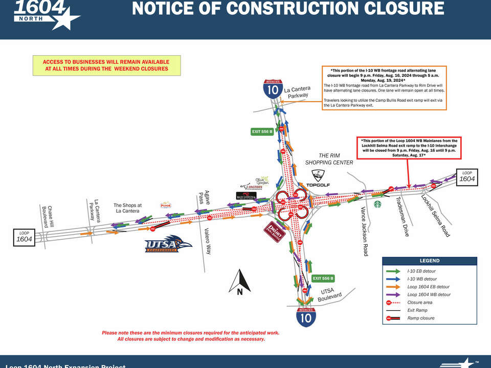 Loop 1604 and I-10 in San Antonio have major closures planned