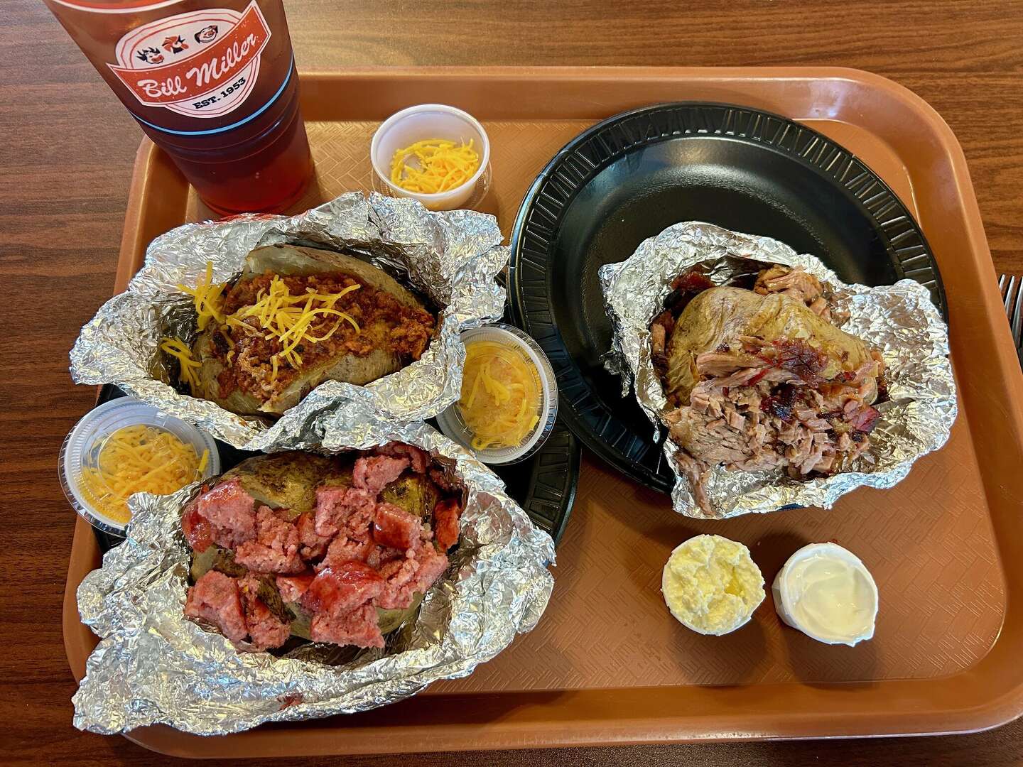 Bill Miller Bar-B-Q offers brisket baked potatoes, tumblers