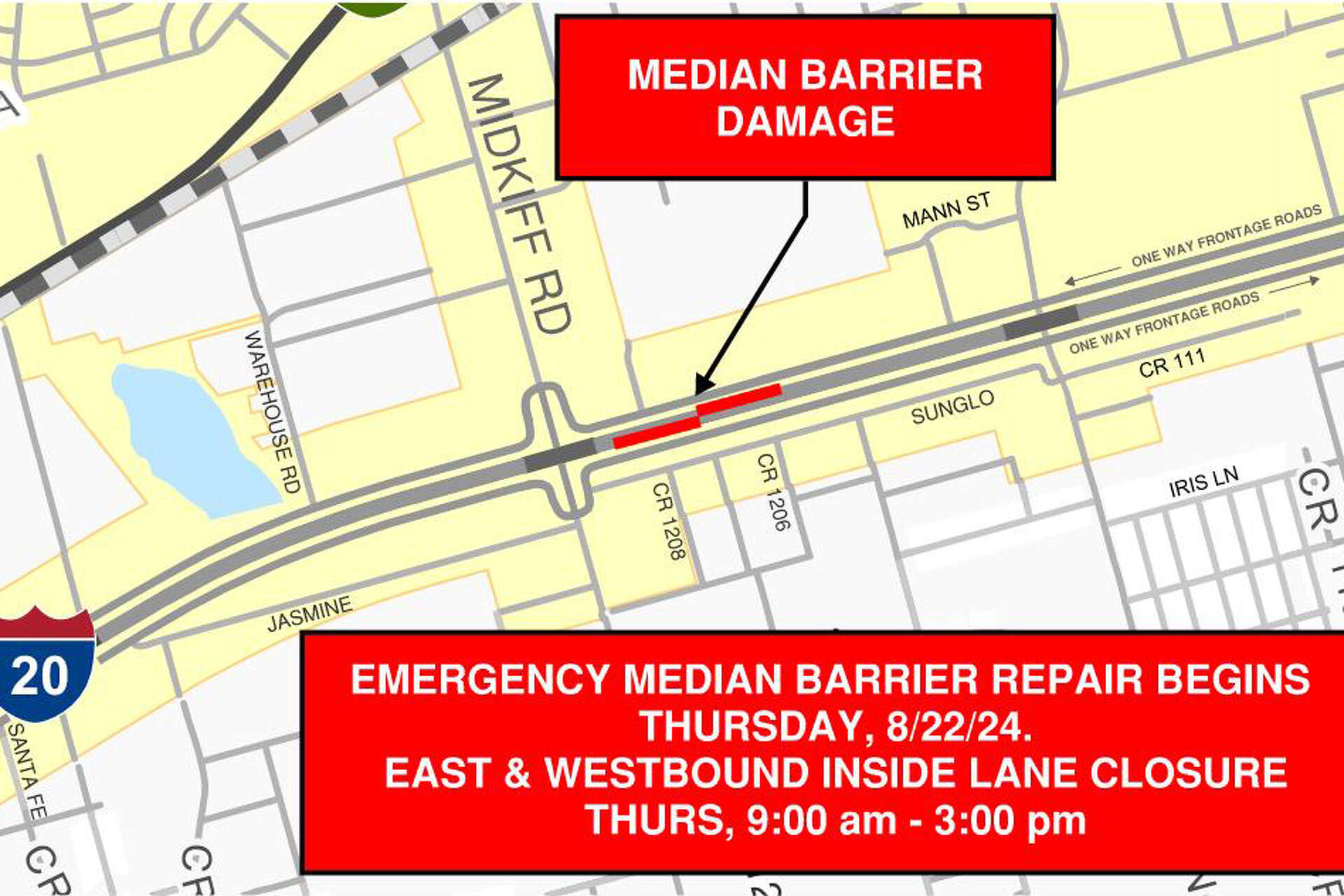 TXDOT to repair traffic barrier on I-20 near Midkiff Road