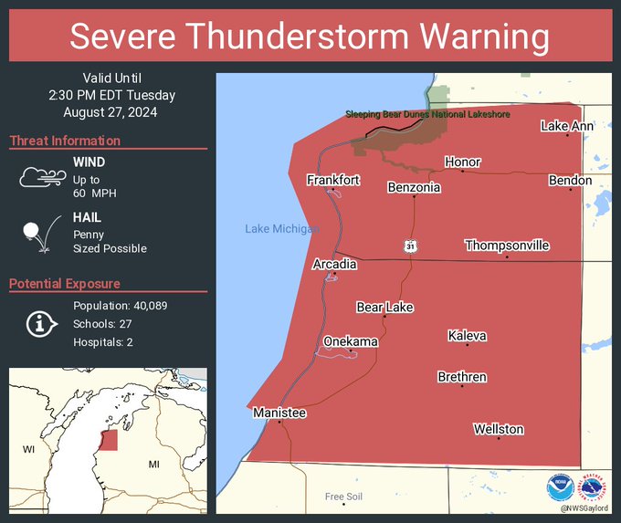 Severe weather alerts issued for Manistee, Benzie, surrounding areas