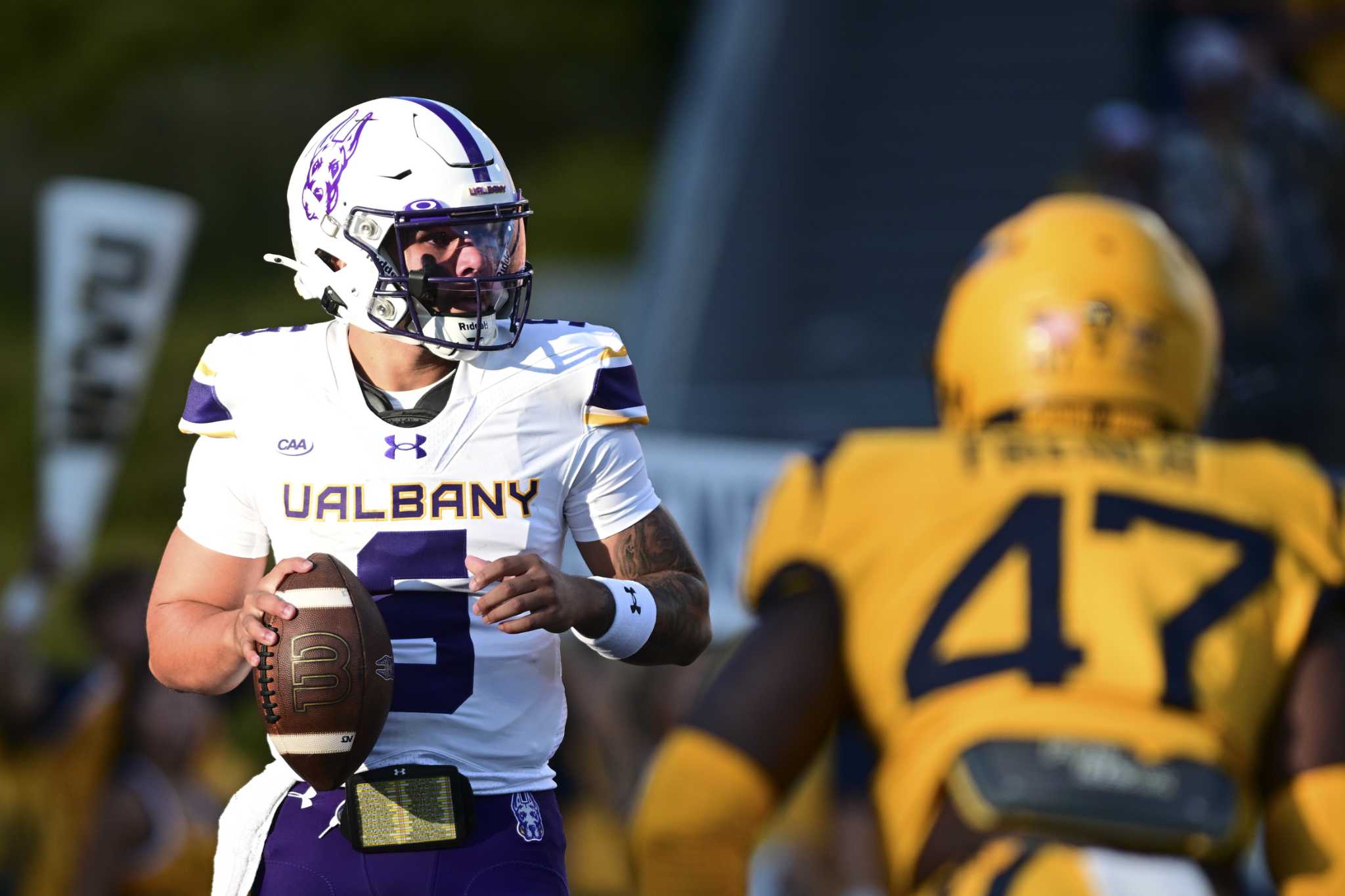 Myles Burkett lets fly in UAlbany football loss at West Virginia