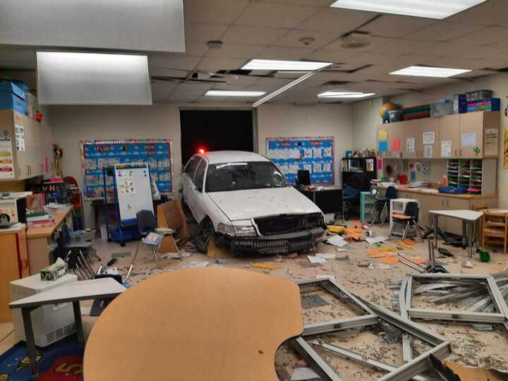 Driver crashes into Centeno Elementary after domestic assault