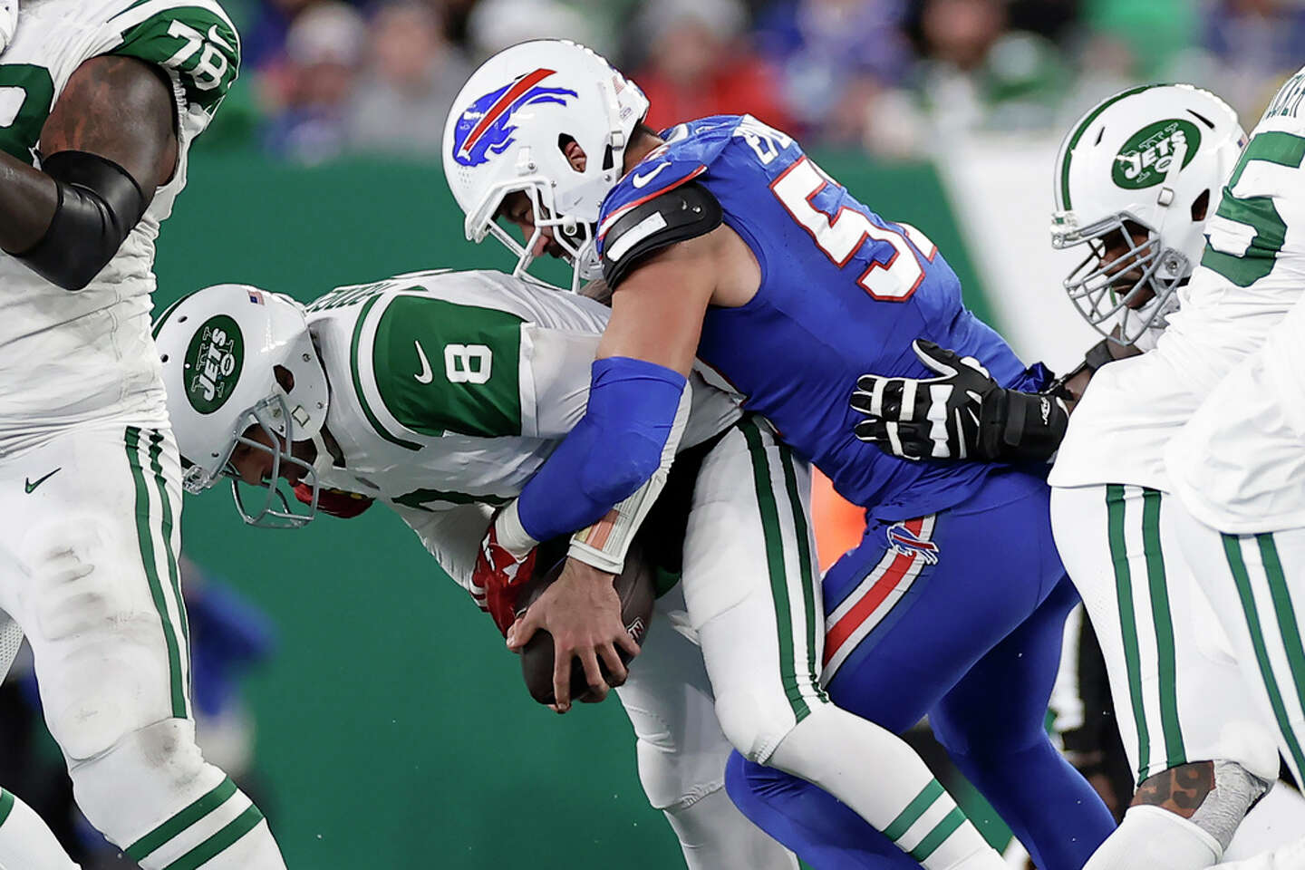 Bills A.J. Epenesa sacks New York Jets quarterback Aaron Rodgers