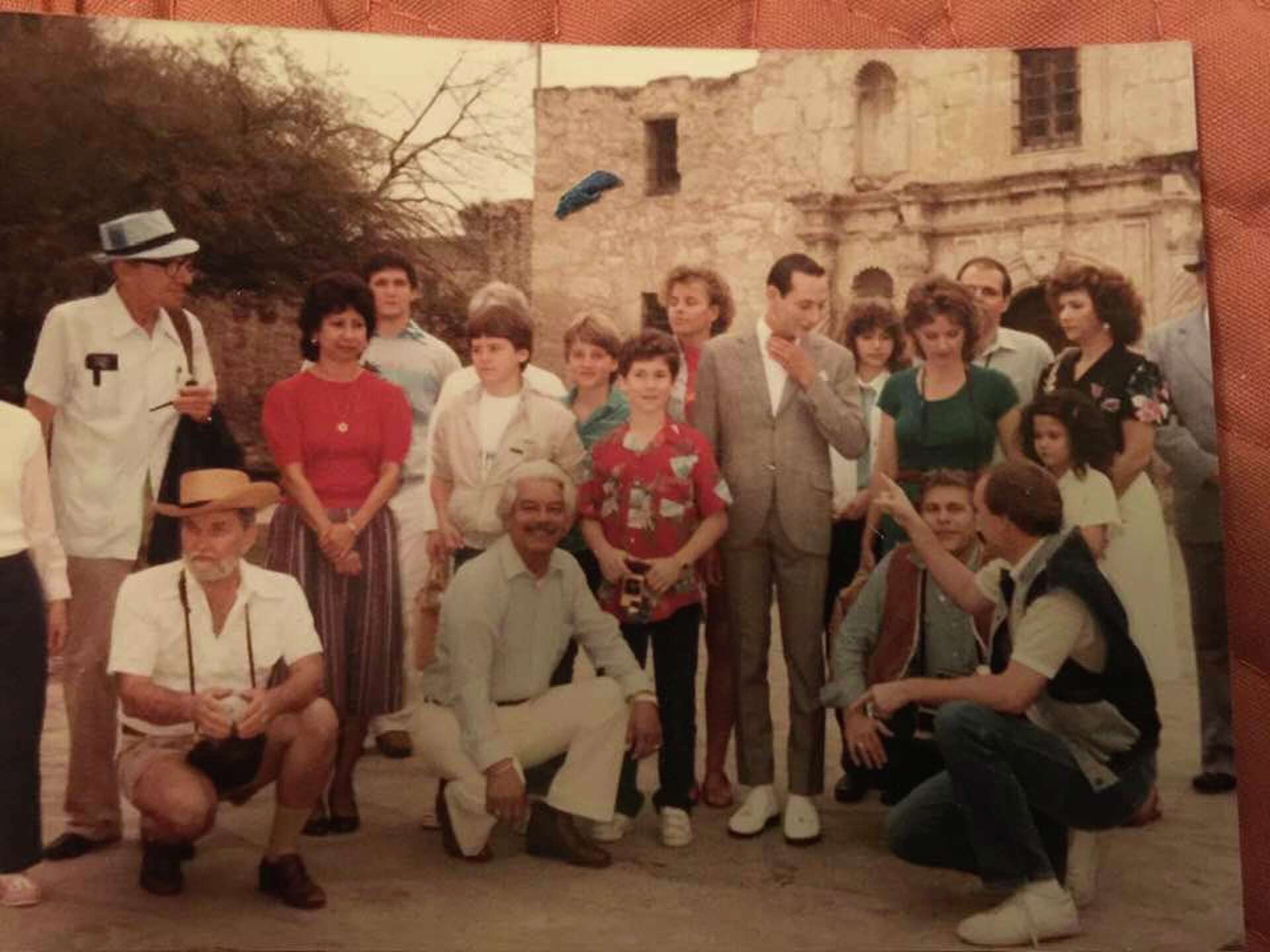 Behind-the-scenes photo of Pee-wee Herman filming at Alamo