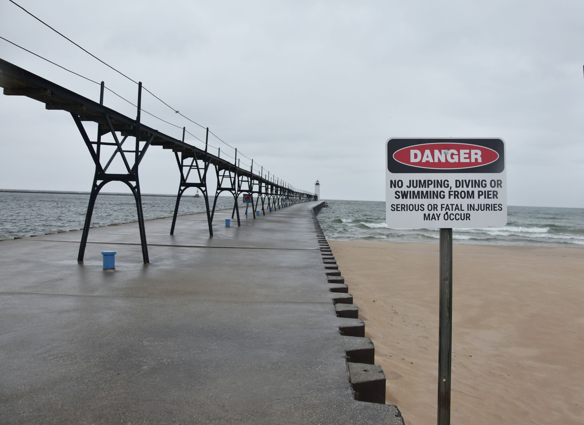 Lake Michigan waves, wind starting to increase at Manistee North Pier