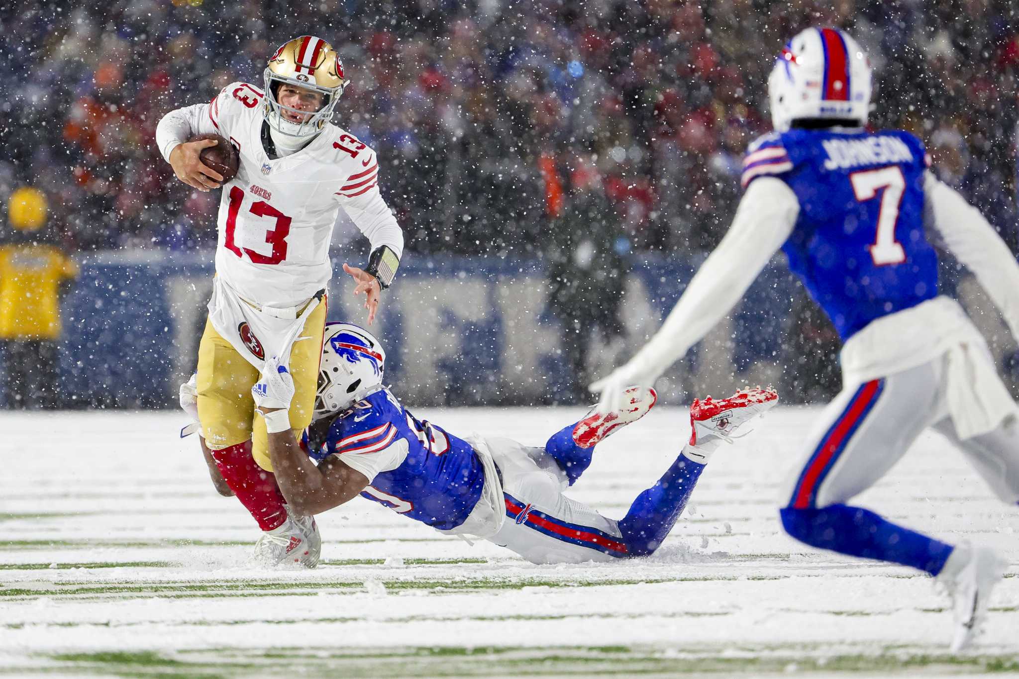 49ers shiver, stagger and sink on a long, cold night in Buffalo’s snow