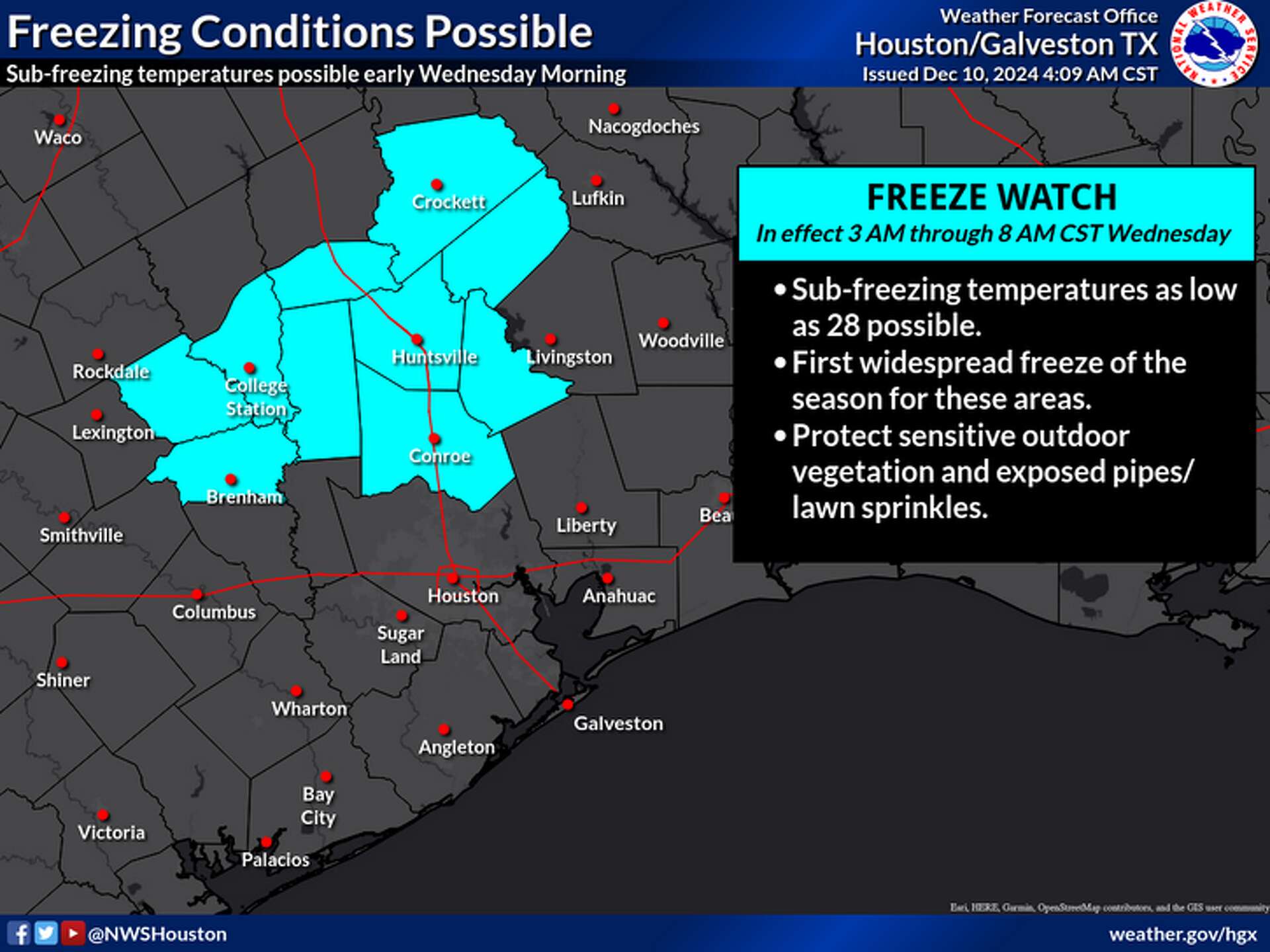 Houston suburbs to face freeze warning tonight with temps as low as 28