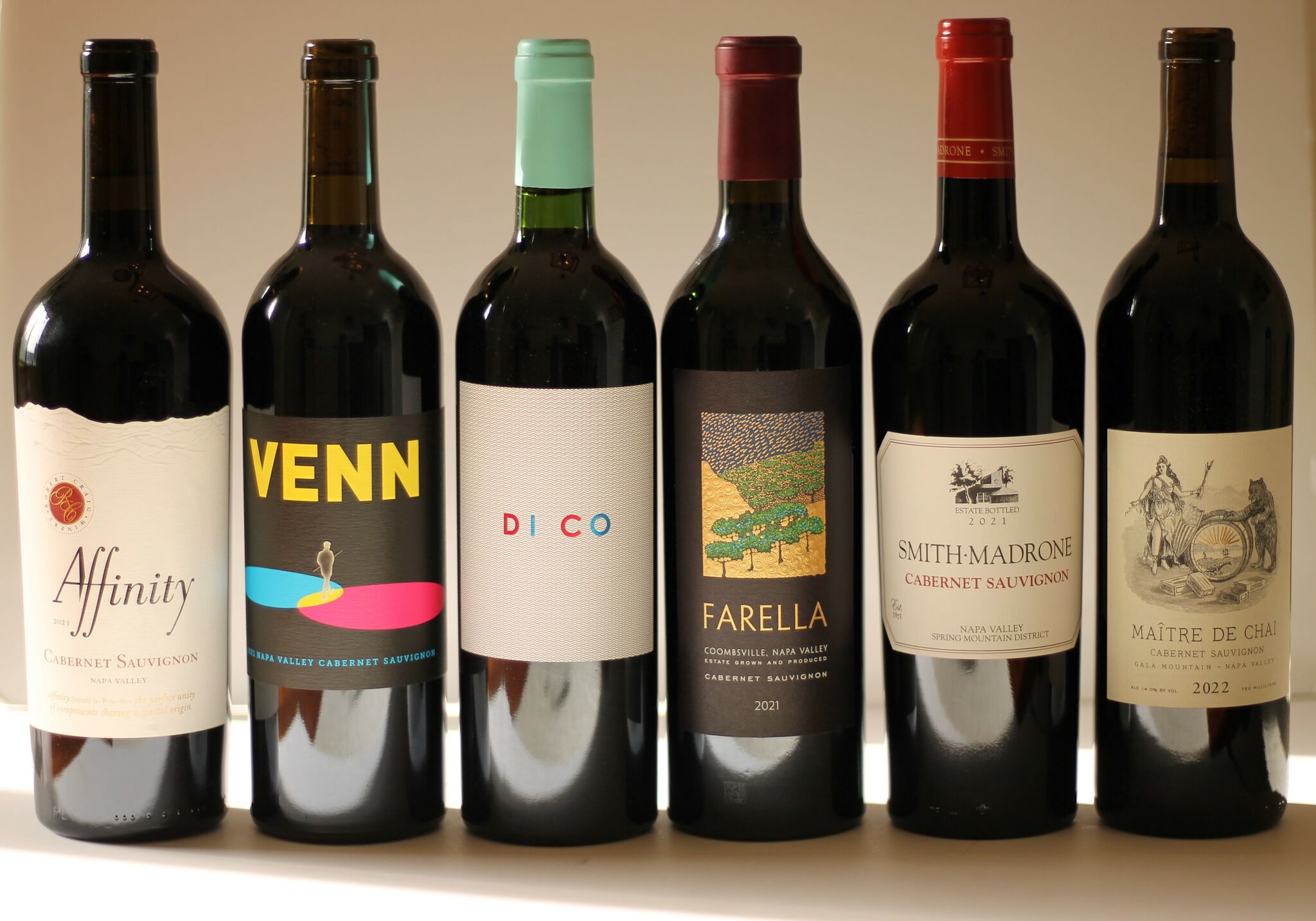 Six bottles of Napa Cabernet Sauvignon wine that are excellent values