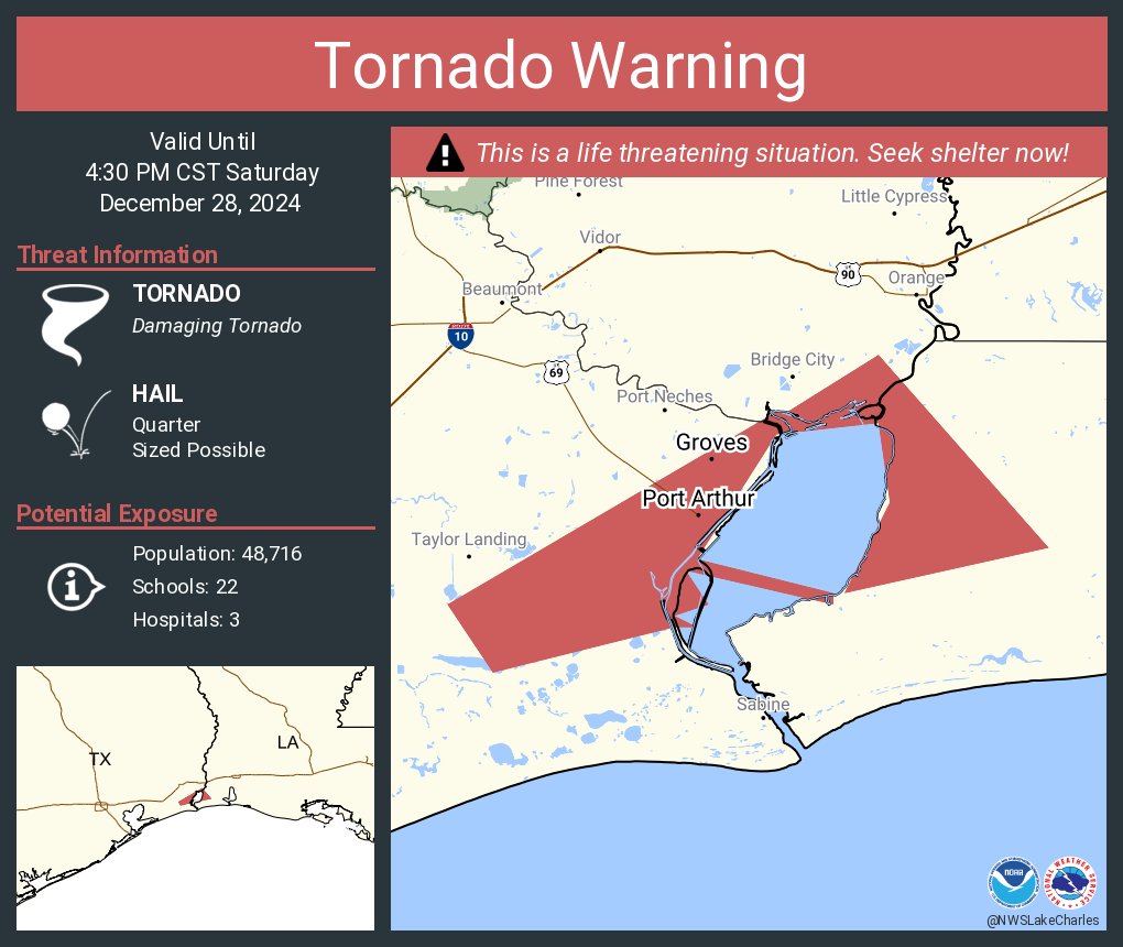 Dangerous tornado warning issued for Jefferson County, Port Arthur