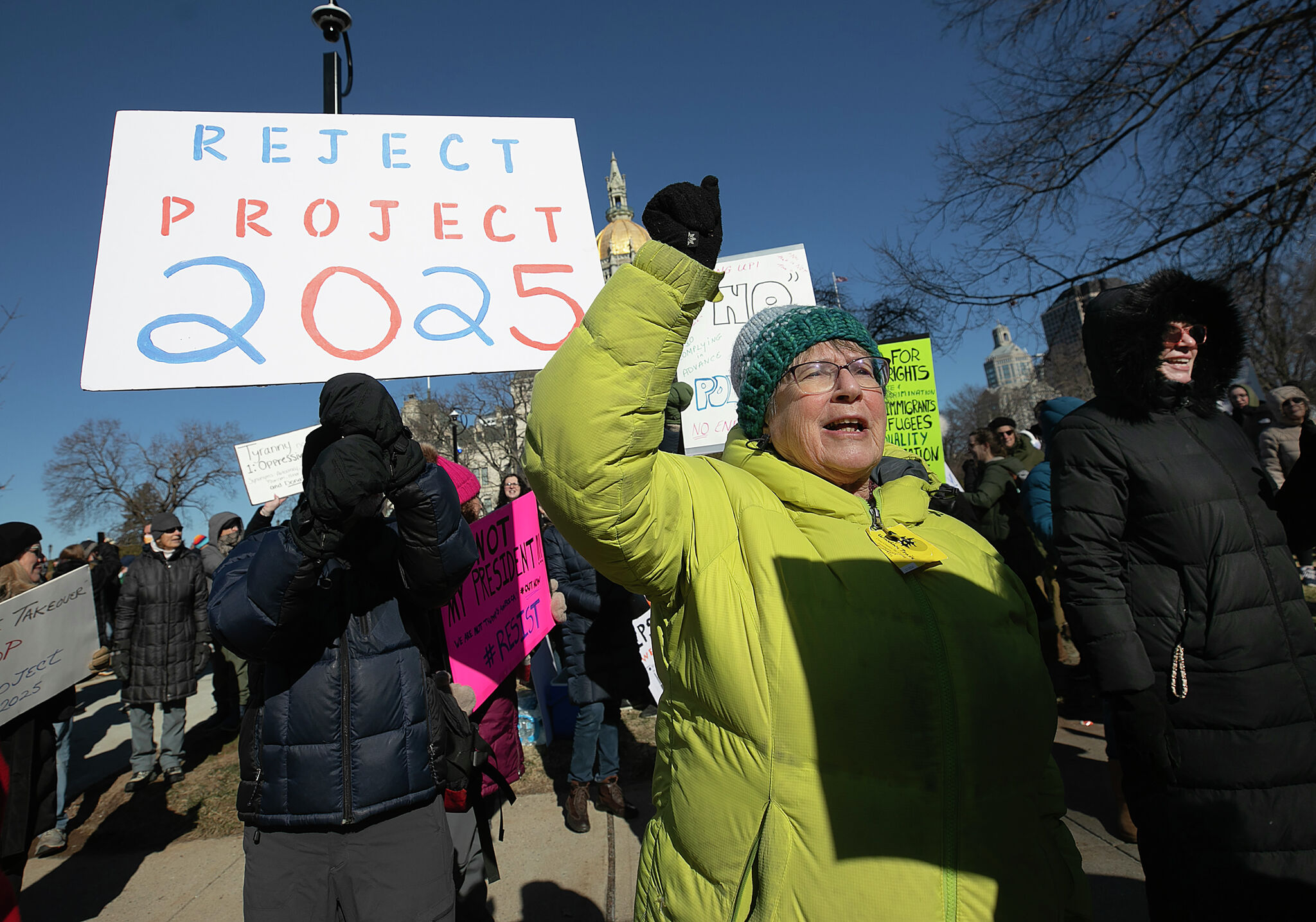 Hundreds of CT residents protest Donald Trump, Elon Musk in Hartford