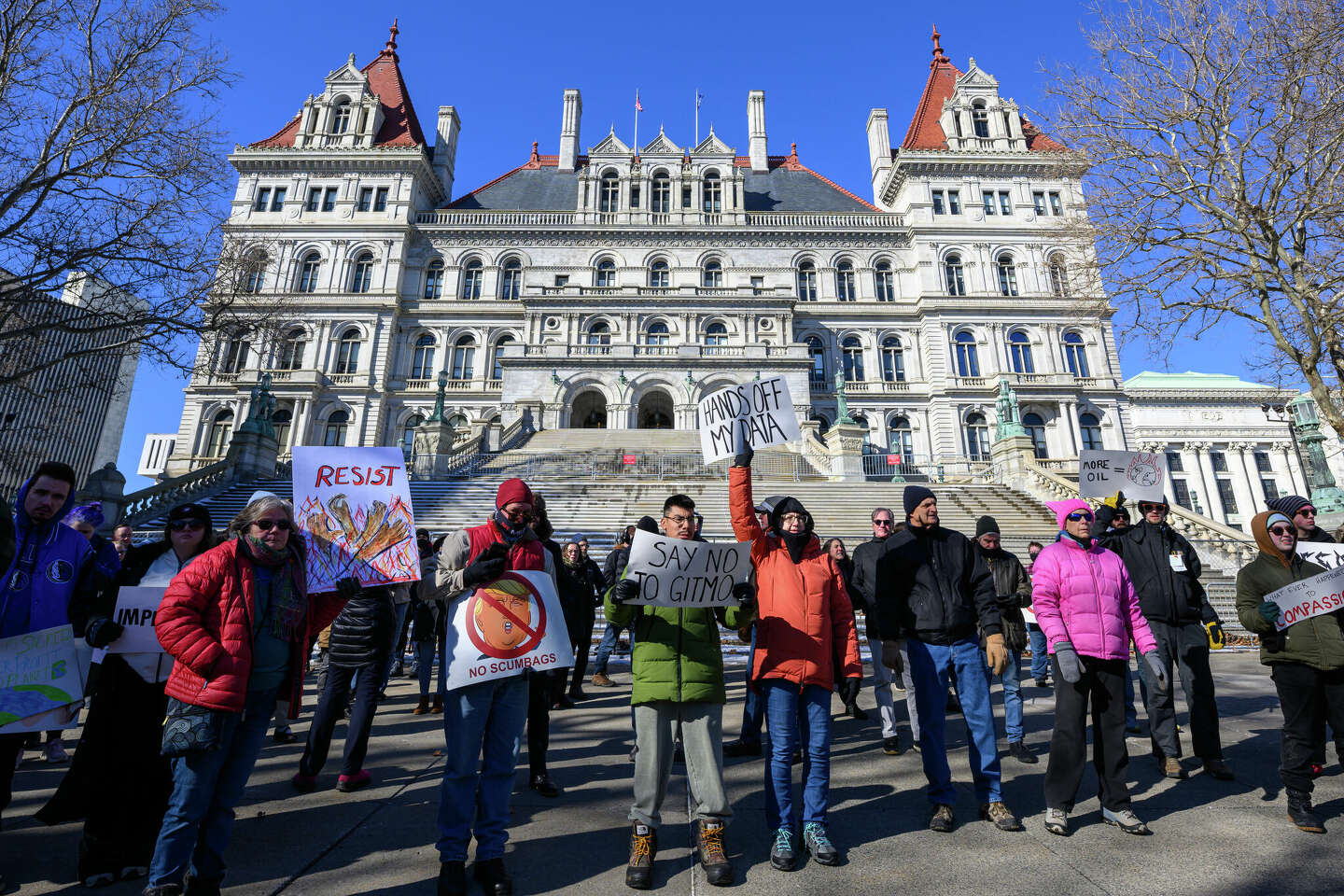 Anti-Trump, Elon Musk protesters swarm N.Y. state Capitol