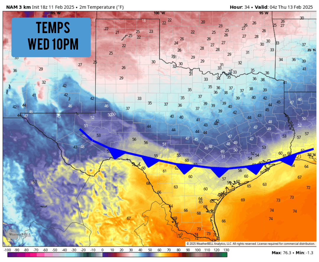 Tonight's cold front will send South Texas wind chill into 20s
