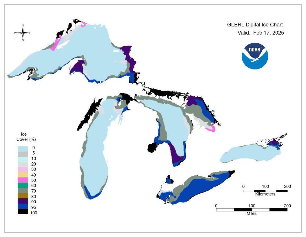 Great Lakes ice coverage still below average near season peak