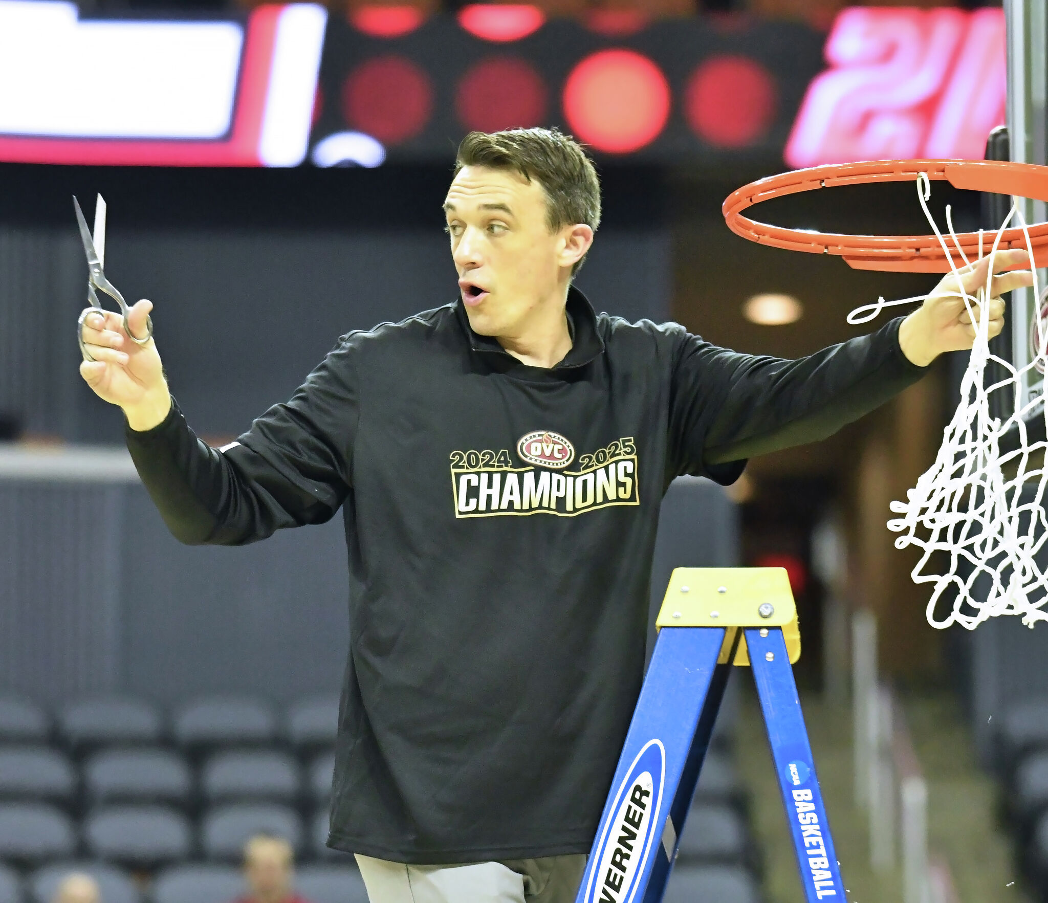 SIUE coach Brian Barone used a pair of scissors for motivation