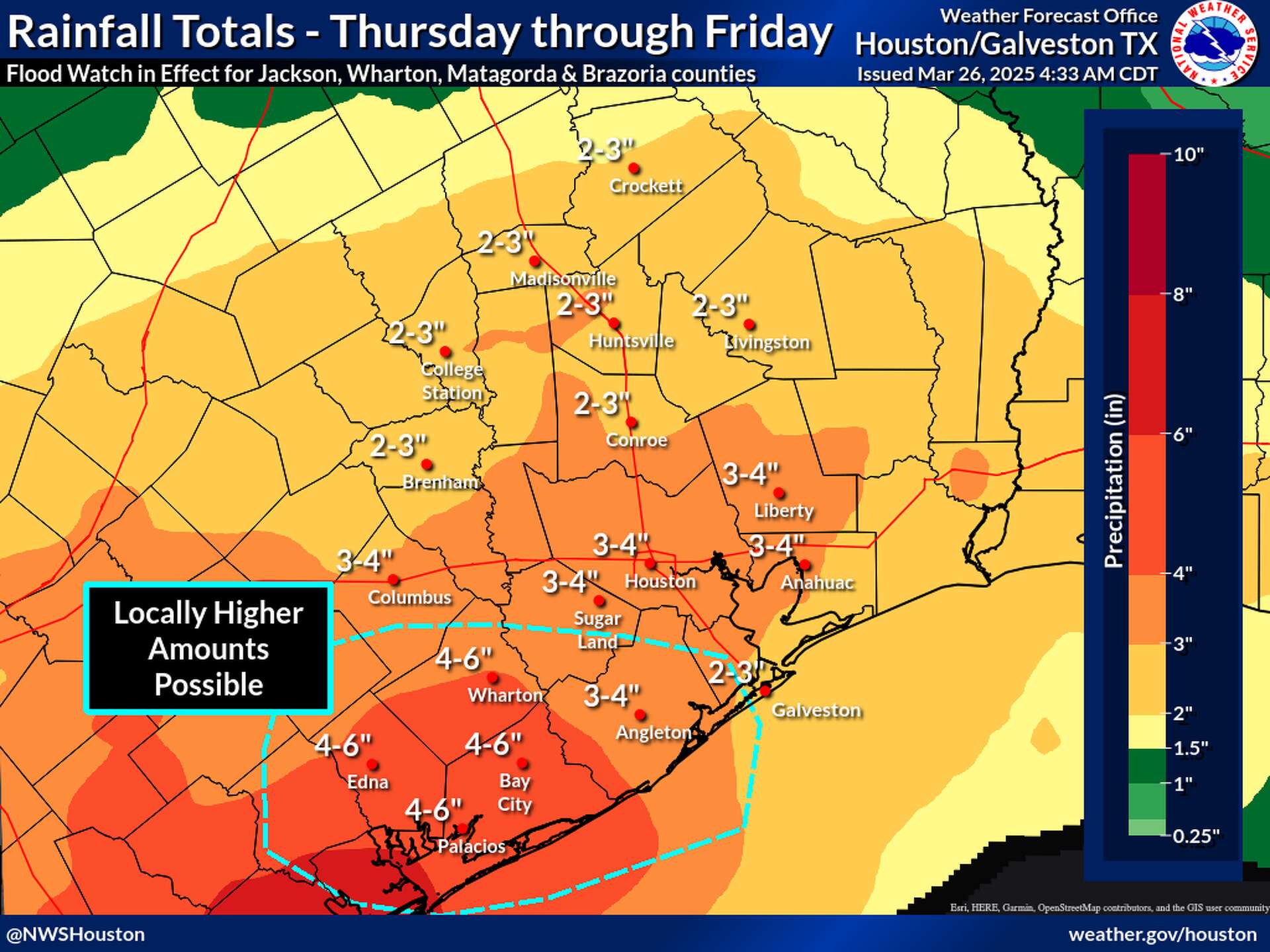 6 inches of heavy rainfall south of Houston prompt flood watch