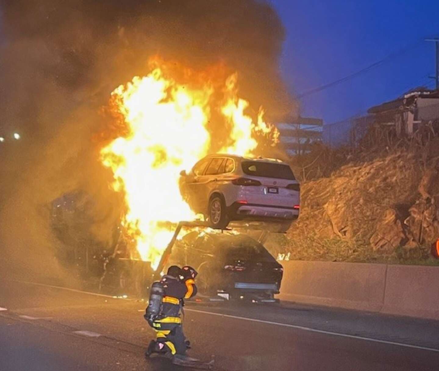 Car carrier burst into flames in Norwalk, snarling I-95 traffic