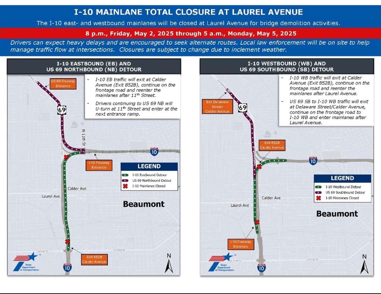 I-10 Beaumont closures scheduled for weekends through April and May