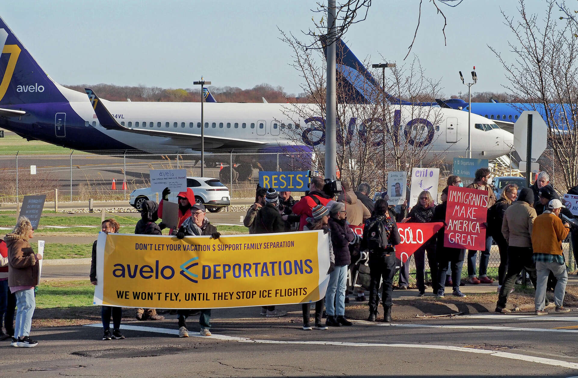 Rights groups protest at Tweed over Avelo’s deportation flights