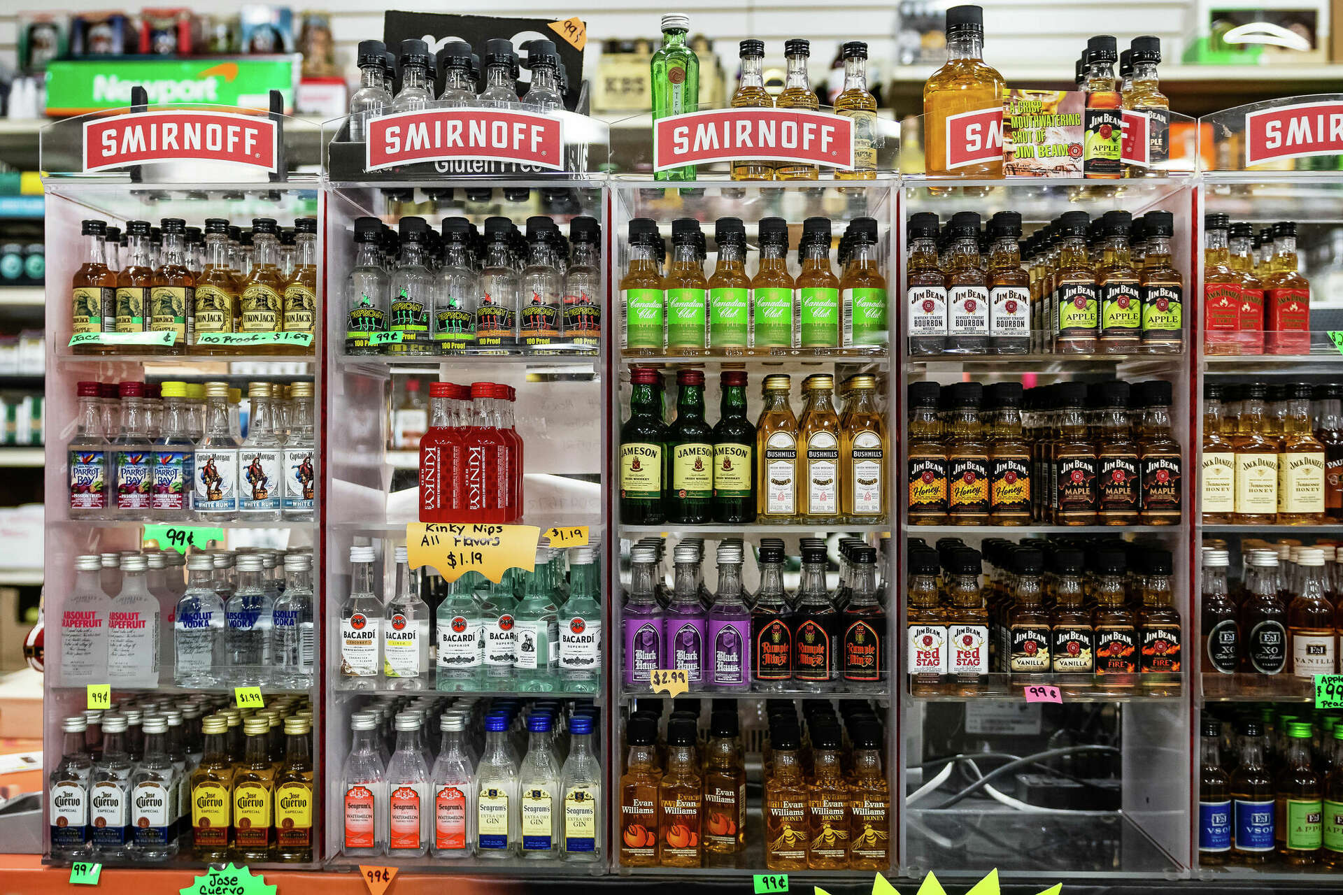 Which towns sell the most alcohol 'nip' bottles in Connecticut?