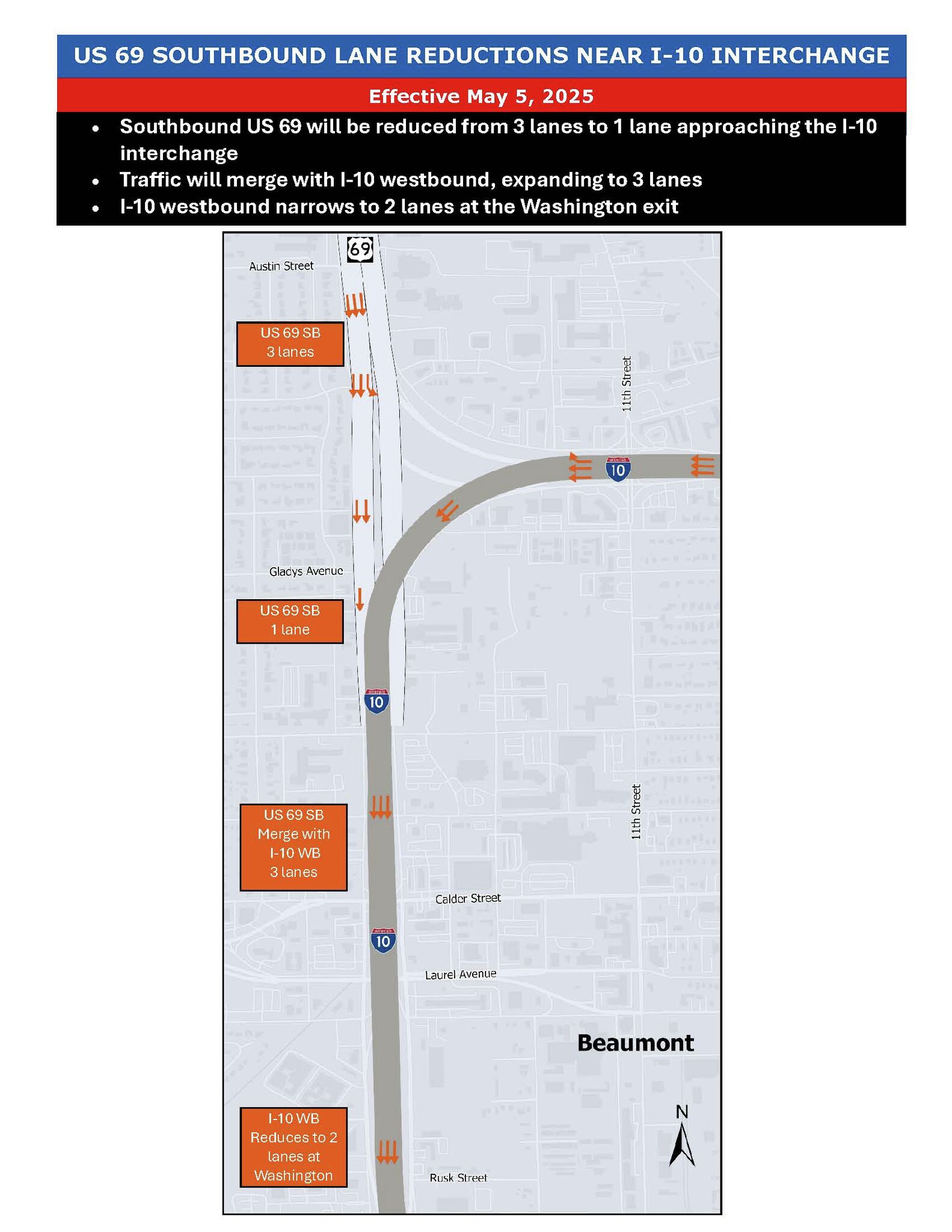 Lane reduction on U.S. 69 to Interstate 10 westbound