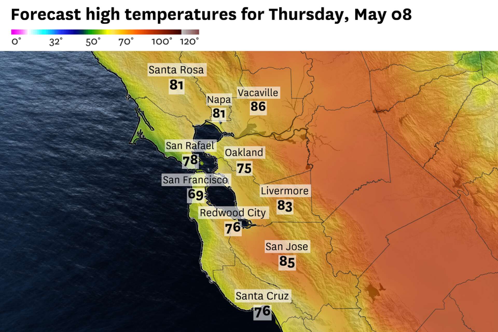 Bay Area weather: Temps to swing 30 degrees from coast to inland