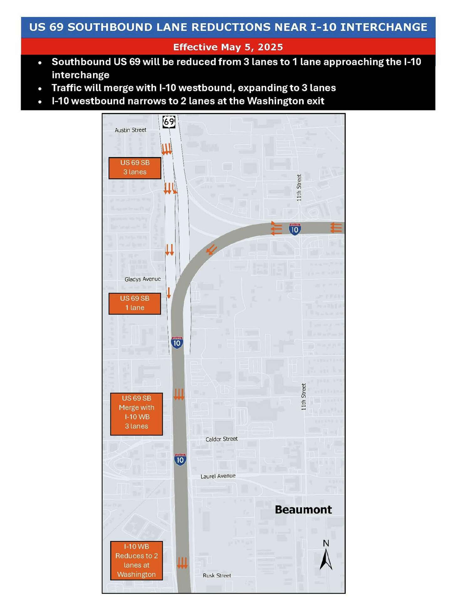 U.S. 69 to Interstate 10 westbound connector down to one lane Monday