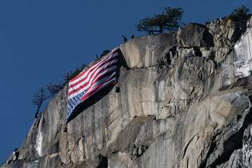 Yosemite climbers just hung huge trans Pride flag from El Capitan